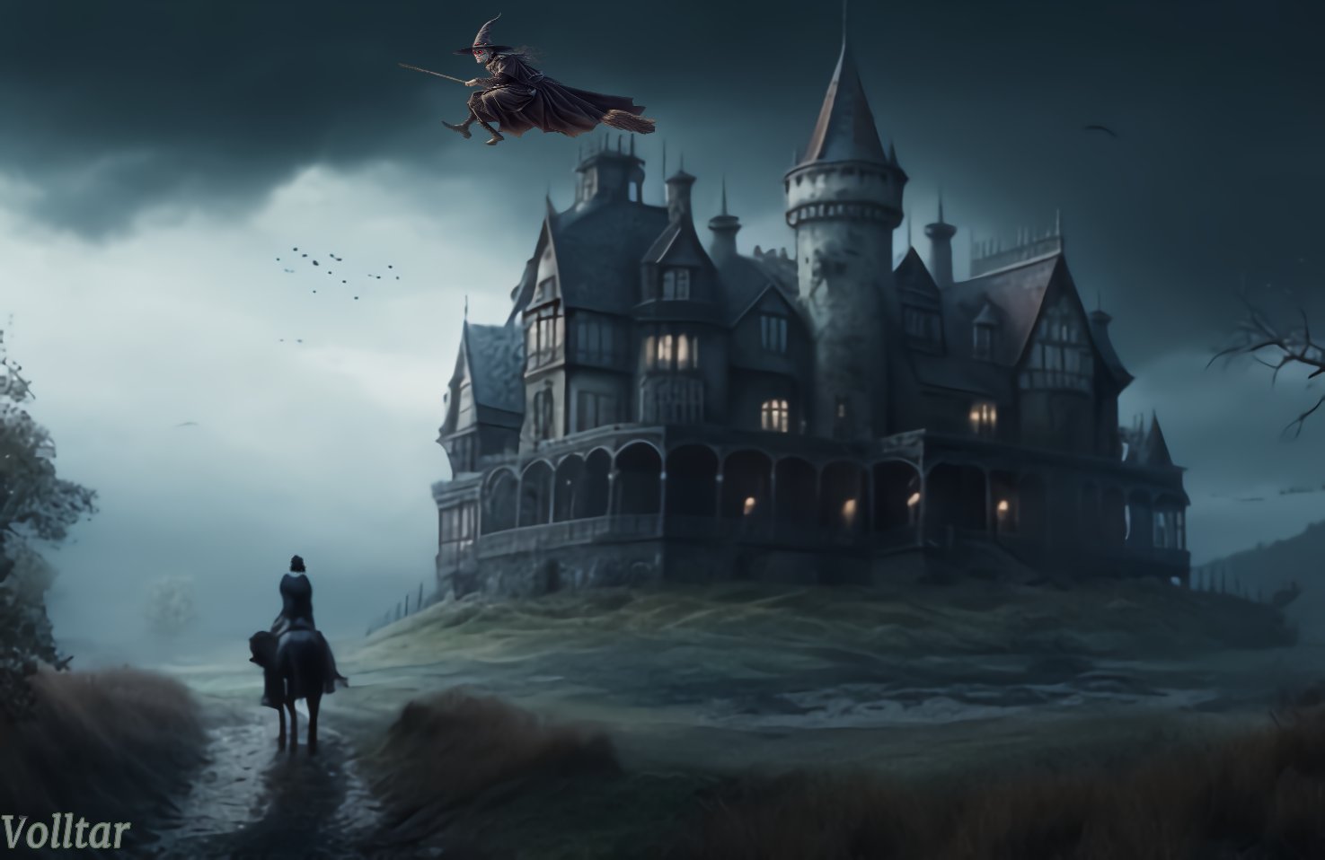 Solve Gothic Manor and Flying Witch jigsaw puzzle online with 12 pieces