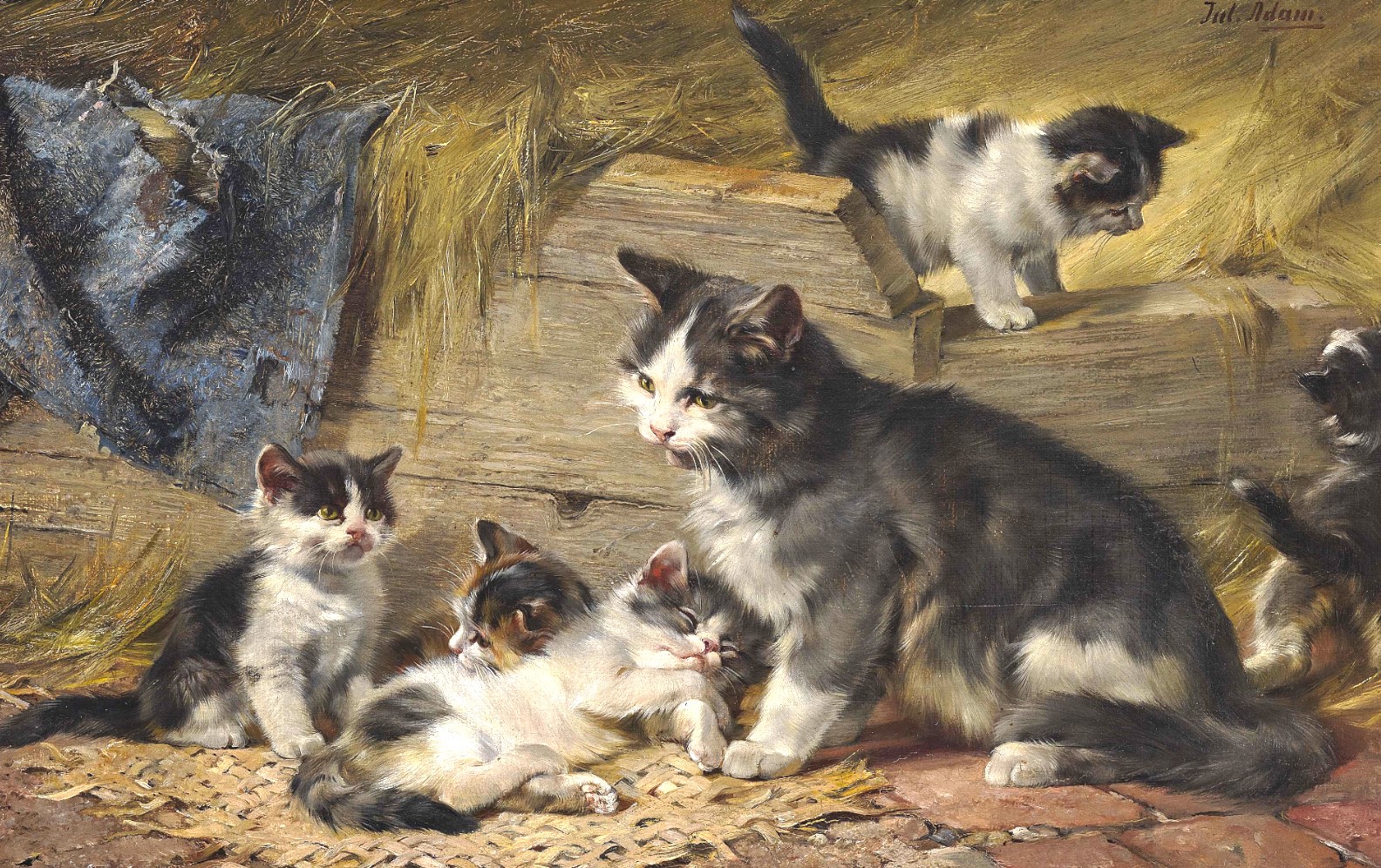 Solve Julius Adam (German, 1852–1913), Mother Cat with Five Kittens ...