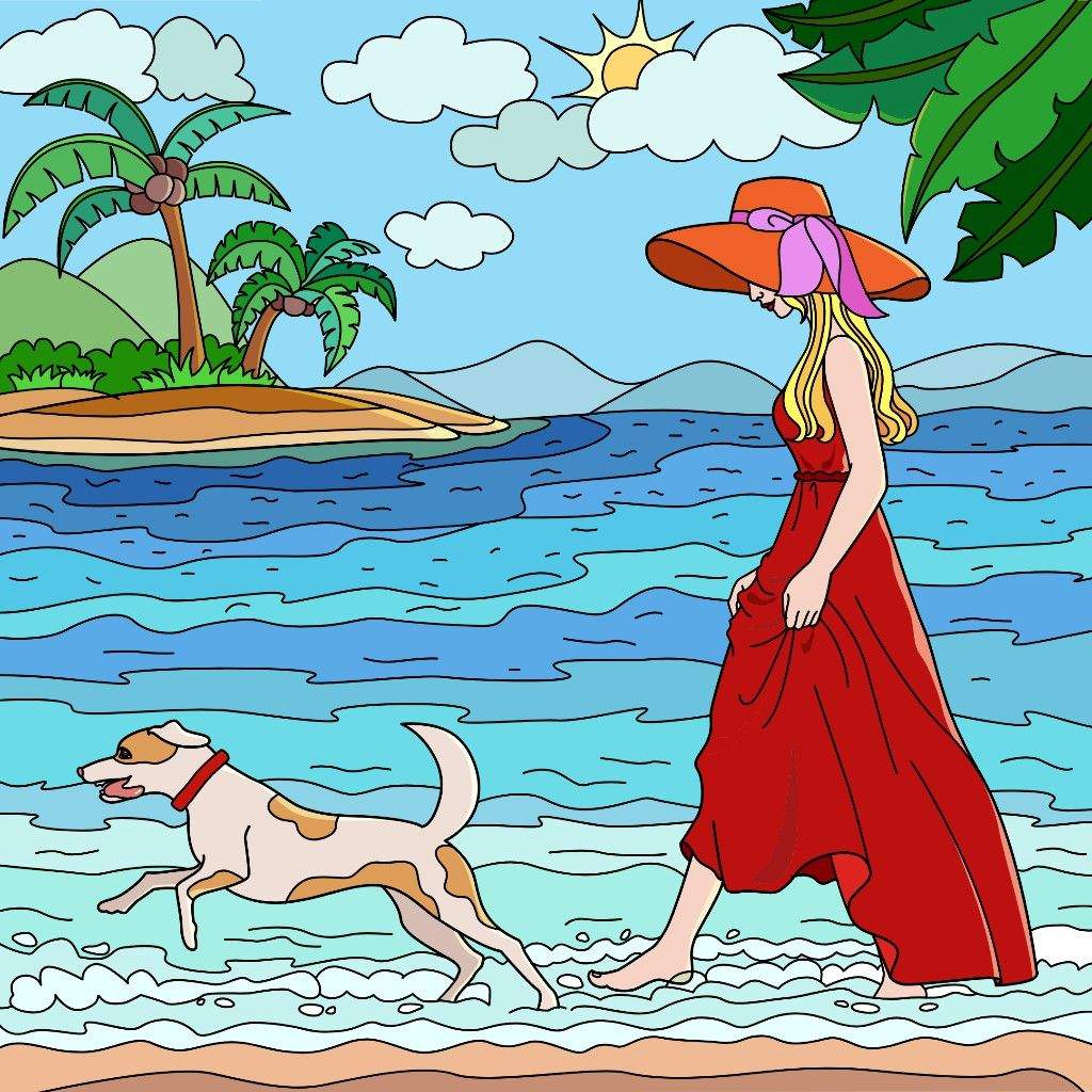 Solve PUZZLE - Walking Dog On The Beach jigsaw puzzle online with 49 pieces