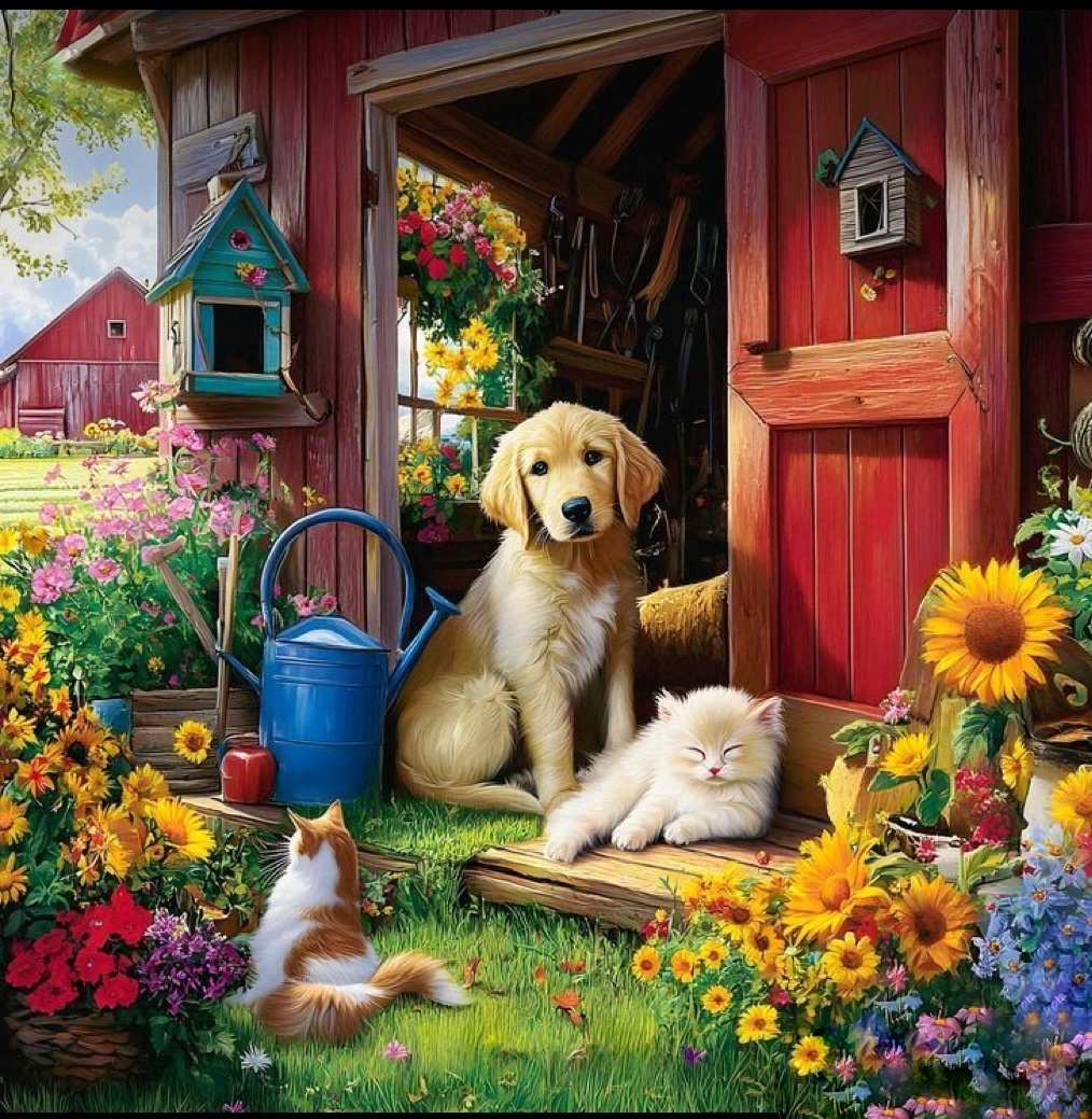 Solve Country pup and kittens jigsaw puzzle online with 225 pieces