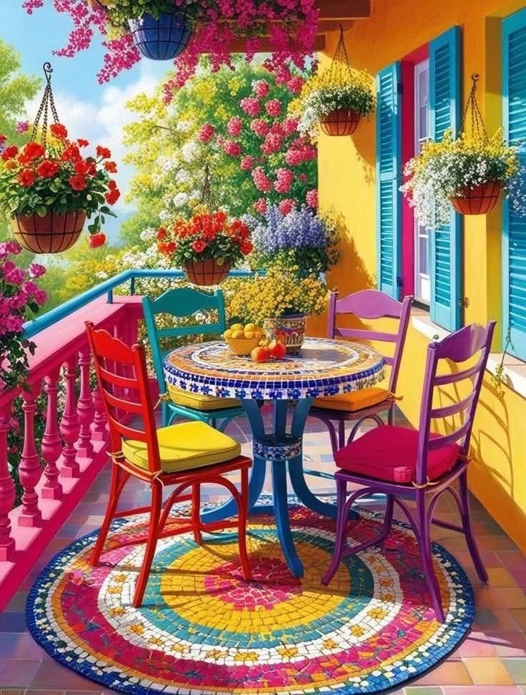 Solve Rainbow Patio jigsaw puzzle online with 63 pieces