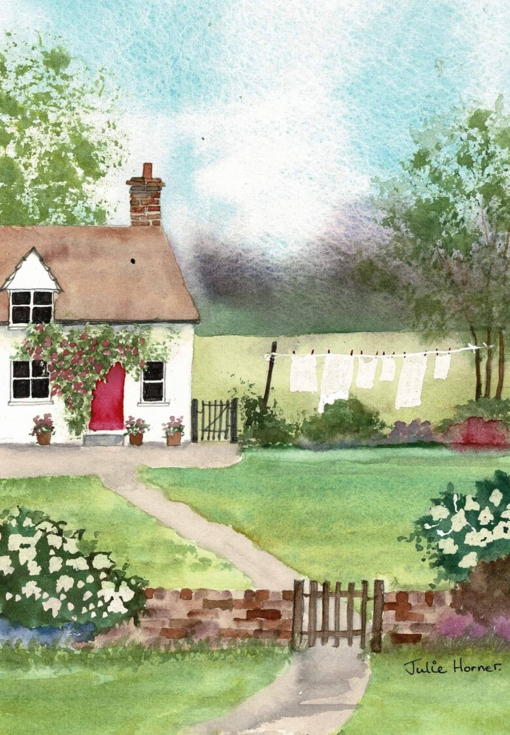Solve Rose Cottage with a Washing Line jigsaw puzzle online with 70 pieces