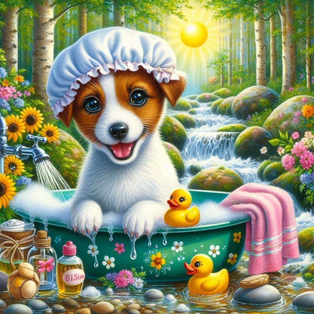 Solve Splish Splash Jack Russell jigsaw puzzle online with 81 pieces