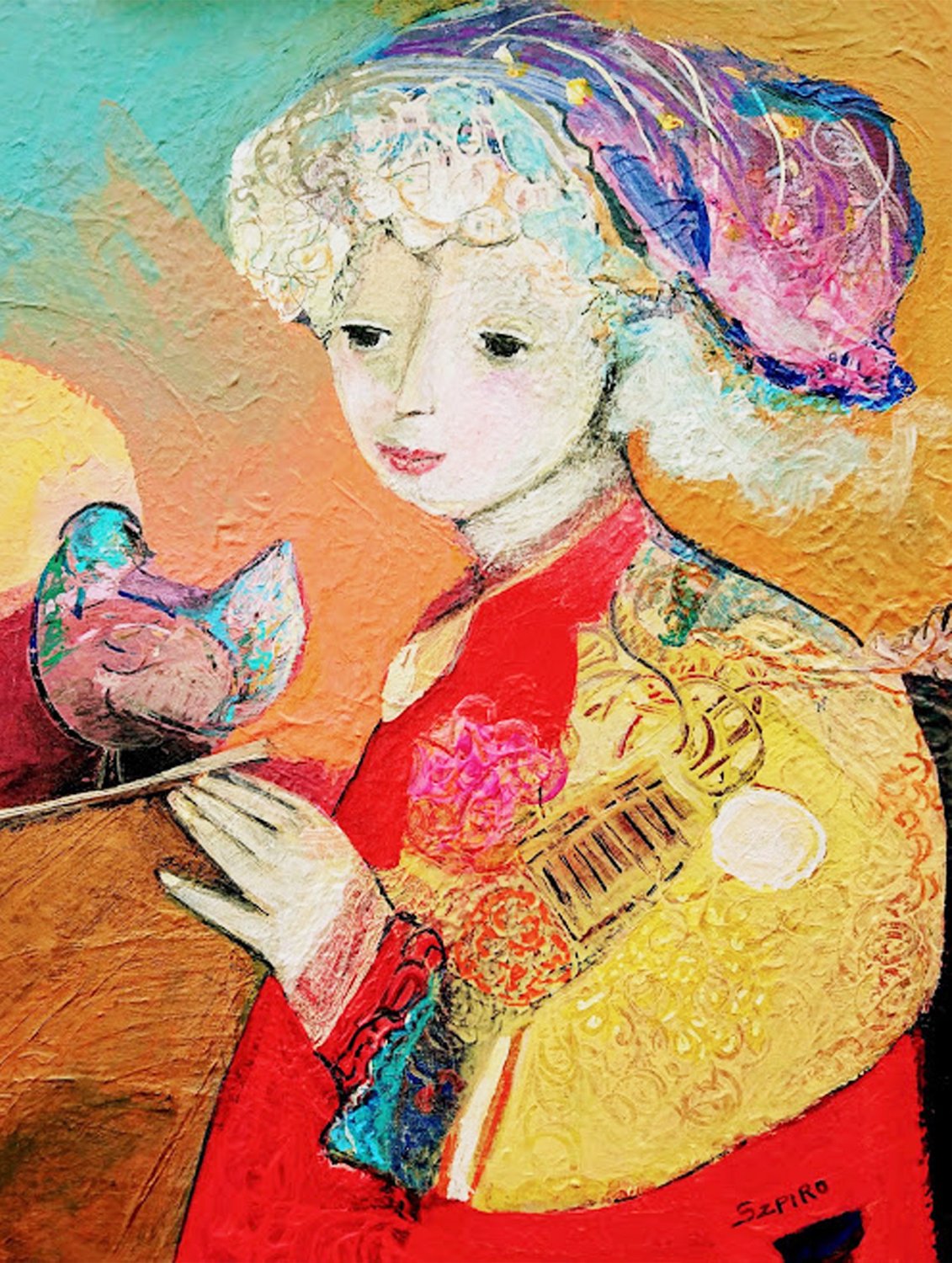 Solve Brigitte Szpiro Artwork - 'La fille au Oiseau' jigsaw puzzle ...