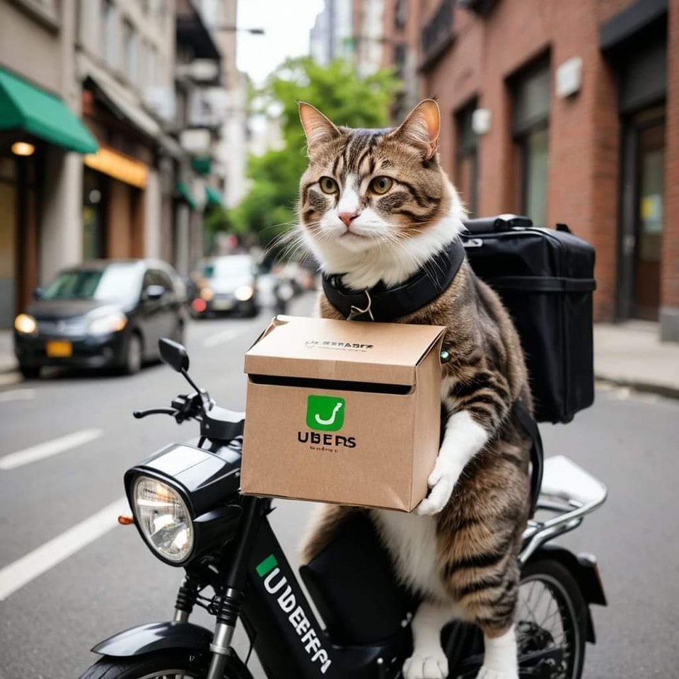 Solve Uber Cat Food Delivery from GreenCatArt FB jigsaw puzzle online with 64 pieces