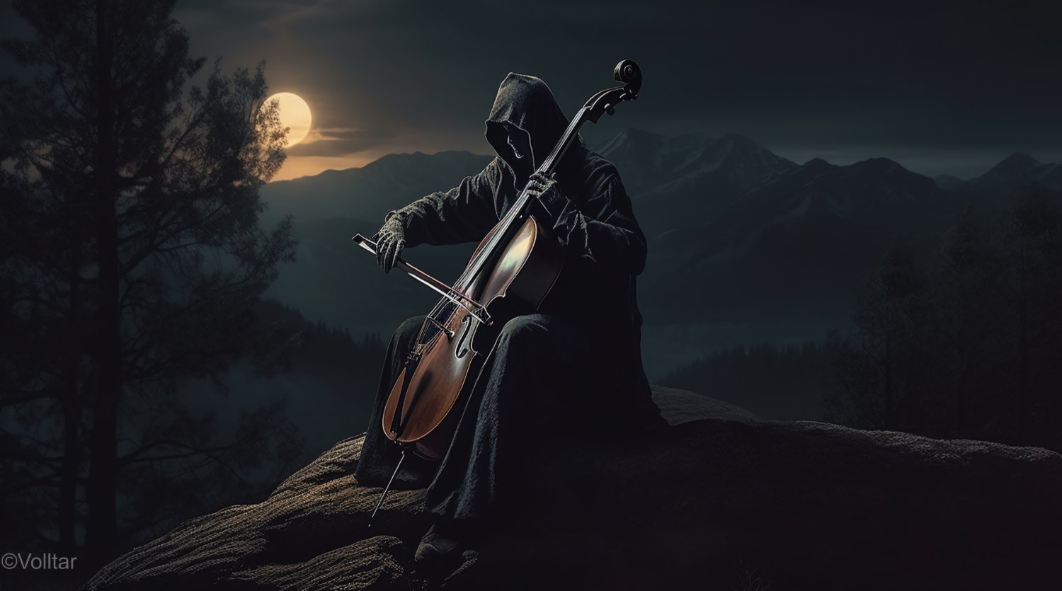 Solve Grim Reaper Playing Cello jigsaw puzzle online with 15 pieces