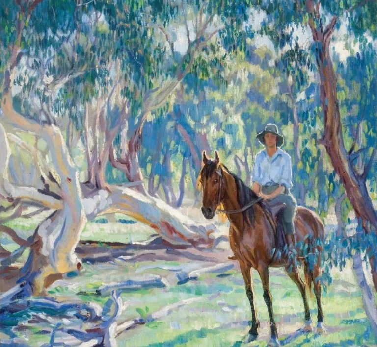 Solve in the bush Dorothy Richmond on horseback by Hilda Rix Nicholas ...