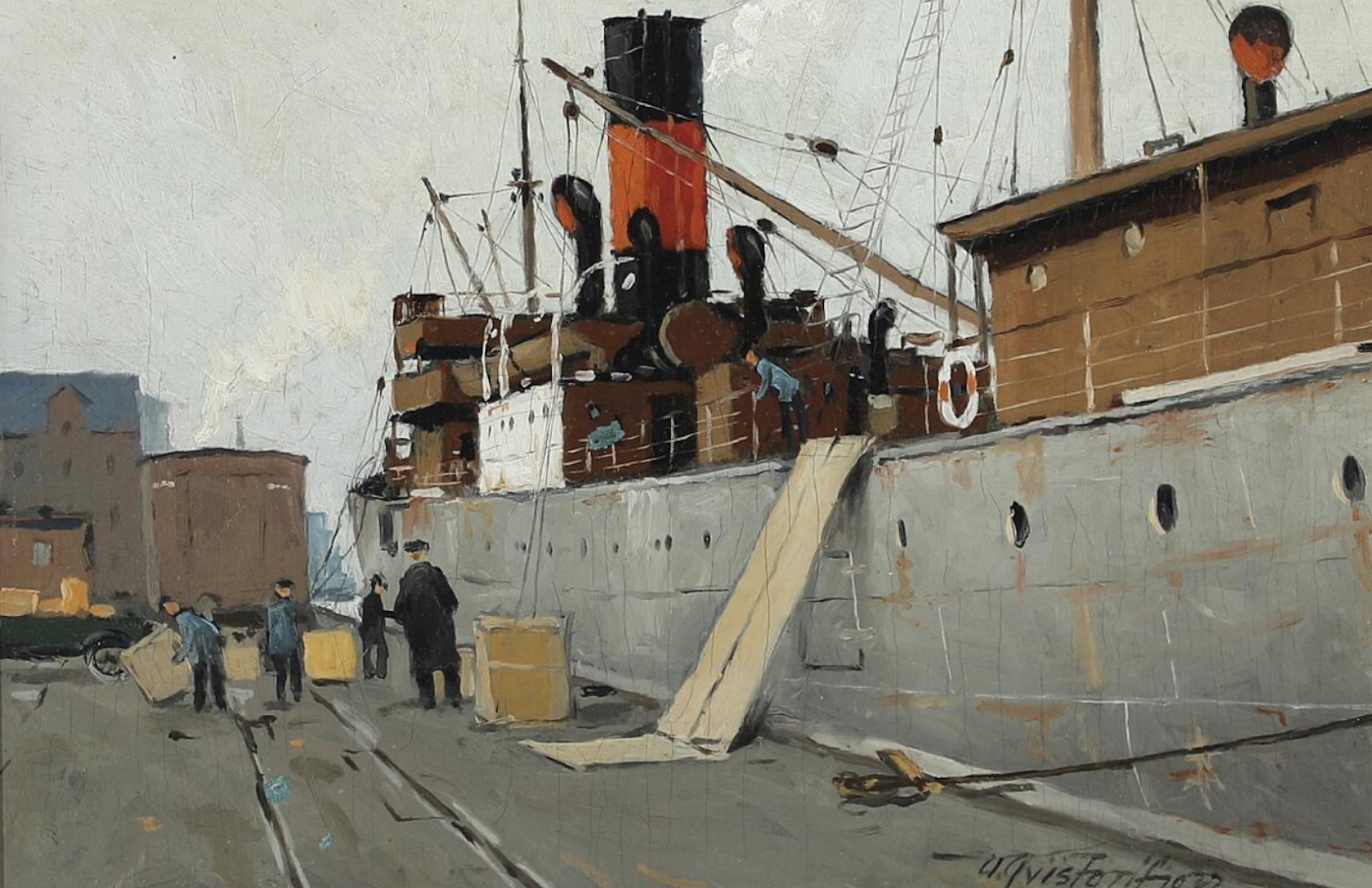 Solve Victor Qvistorff (Danish, 1882–1953), A View of a Dock, with Ship ...