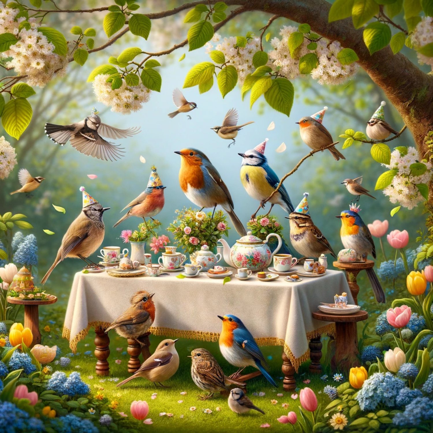 Solve Birds Having a Tea Party jigsaw puzzle online with 256 pieces