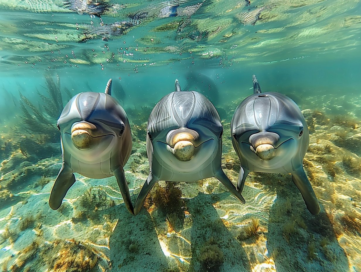Solve 3 dolphins underwater looking at the lens jigsaw puzzle online with 192 pieces