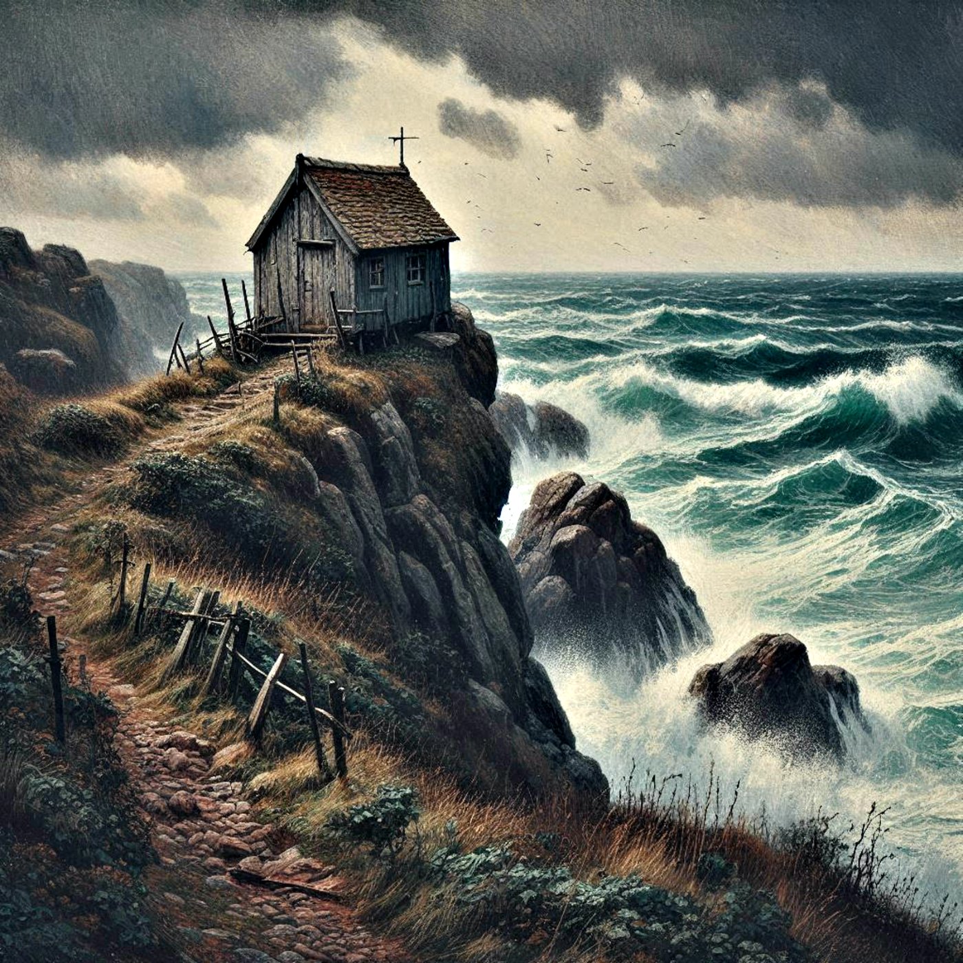 Solve A small, old fishermans hut set on a bluff overlooking a rough ...