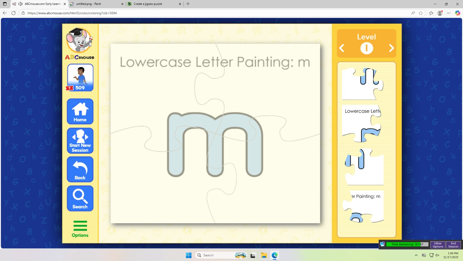 Solve Lowercase Letter Painting: m jigsaw puzzle online with 15 pieces