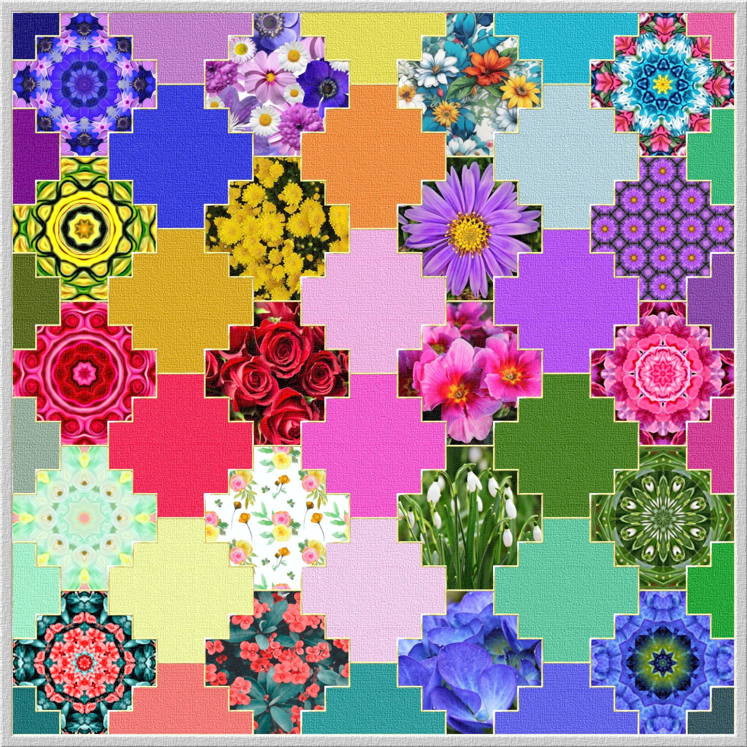 Solve Quilt 5 - Flowers and their kaleidos -extra large jigsaw puzzle online with 600 pieces