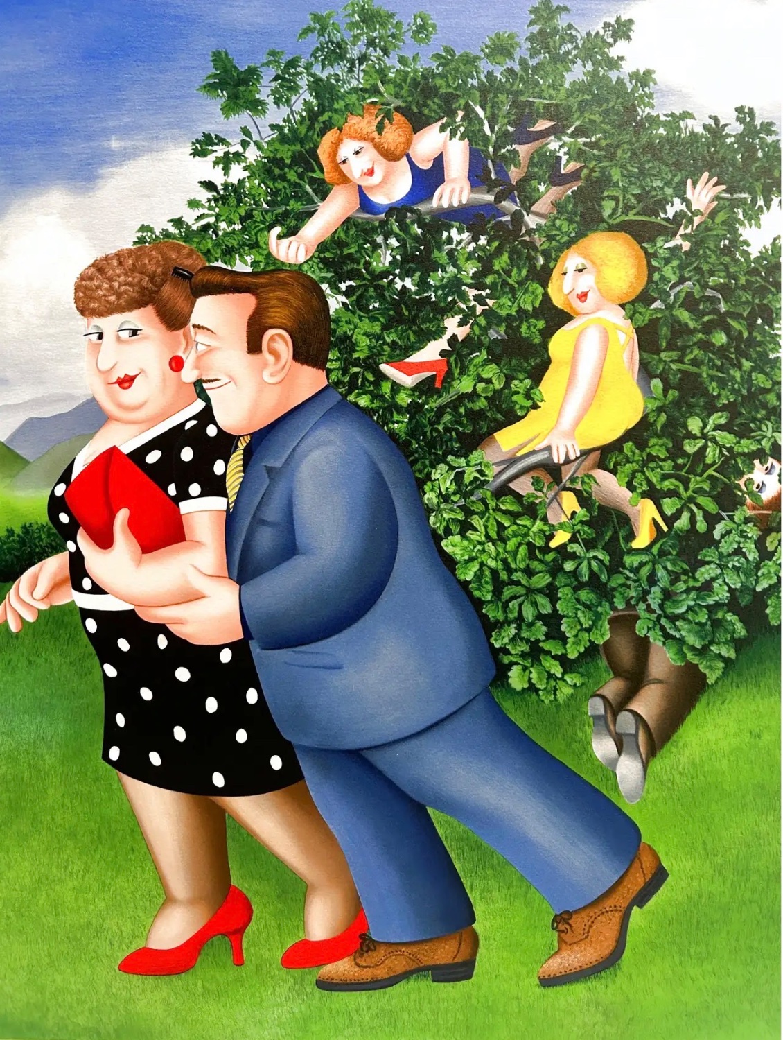 Solve A bird in the hand by Beryl Cook jigsaw puzzle online with 99 pieces