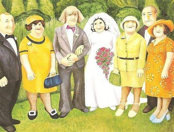 Solve The Wedding by Beryl Cook jigsaw puzzle online with 48 pieces