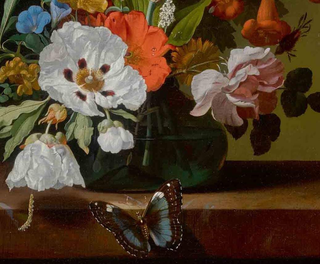 Solve Rachel Ruysch - Still life with flowers in a vase on a ledge with ...