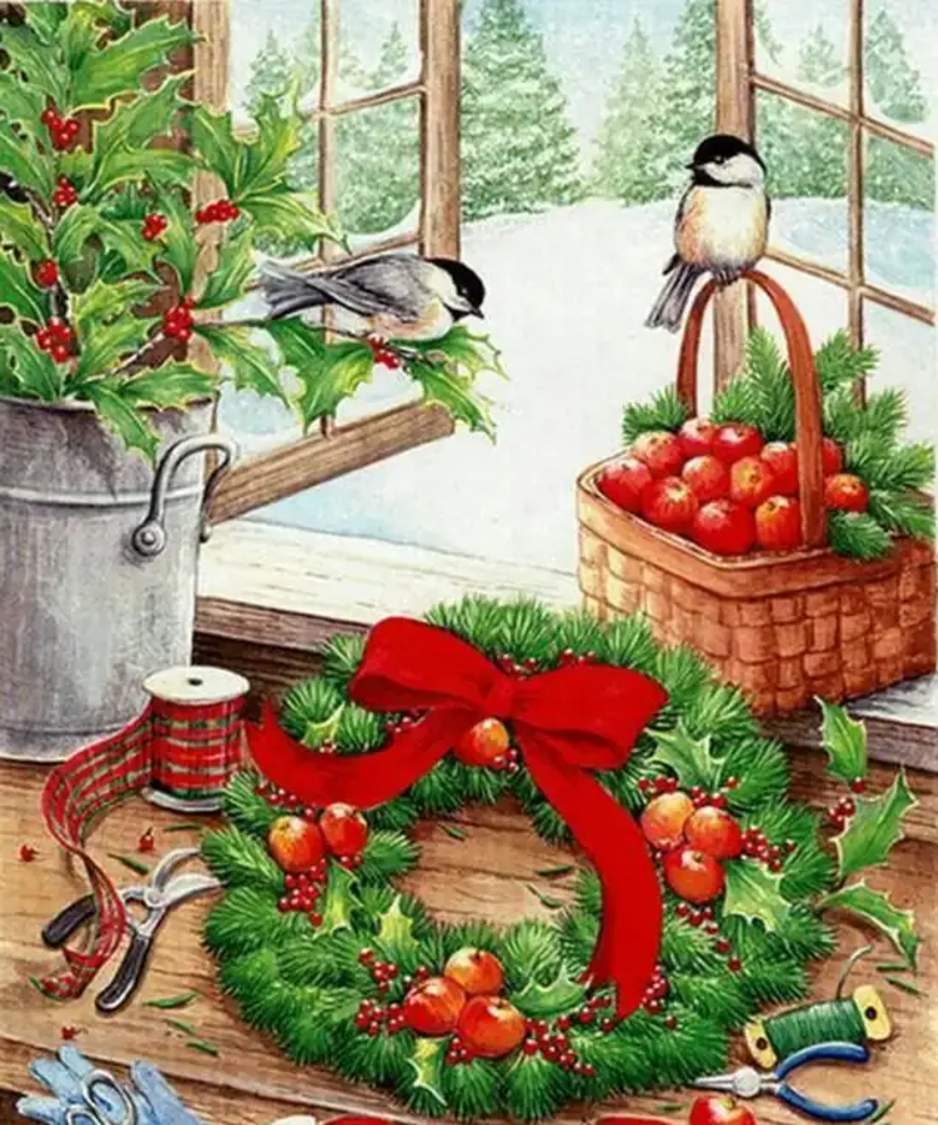 Solve Christmas Wreath-Making jigsaw puzzle online with 72 pieces