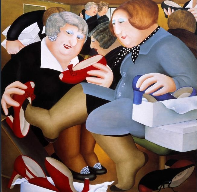 Solve Shoe shop_ Beryl Cook jigsaw puzzle online with 49 pieces