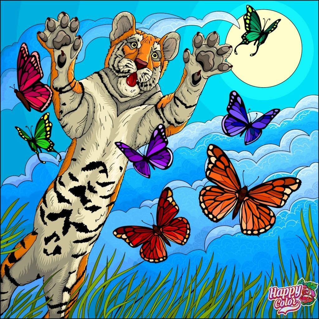 Solve PUZZLE - Tiger Chasing Butterflies jigsaw puzzle online with 196 ...