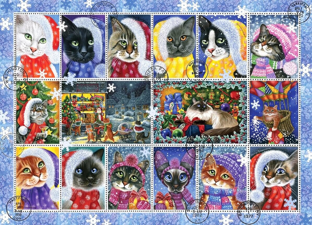 Solve Christmas Cats Stamp Collection jigsaw puzzle online with 96 pieces