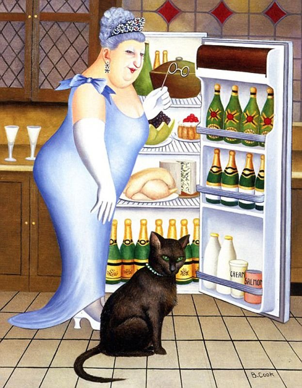 Solve Lady with cat by Beryl Cook jigsaw puzzle online with 80 pieces