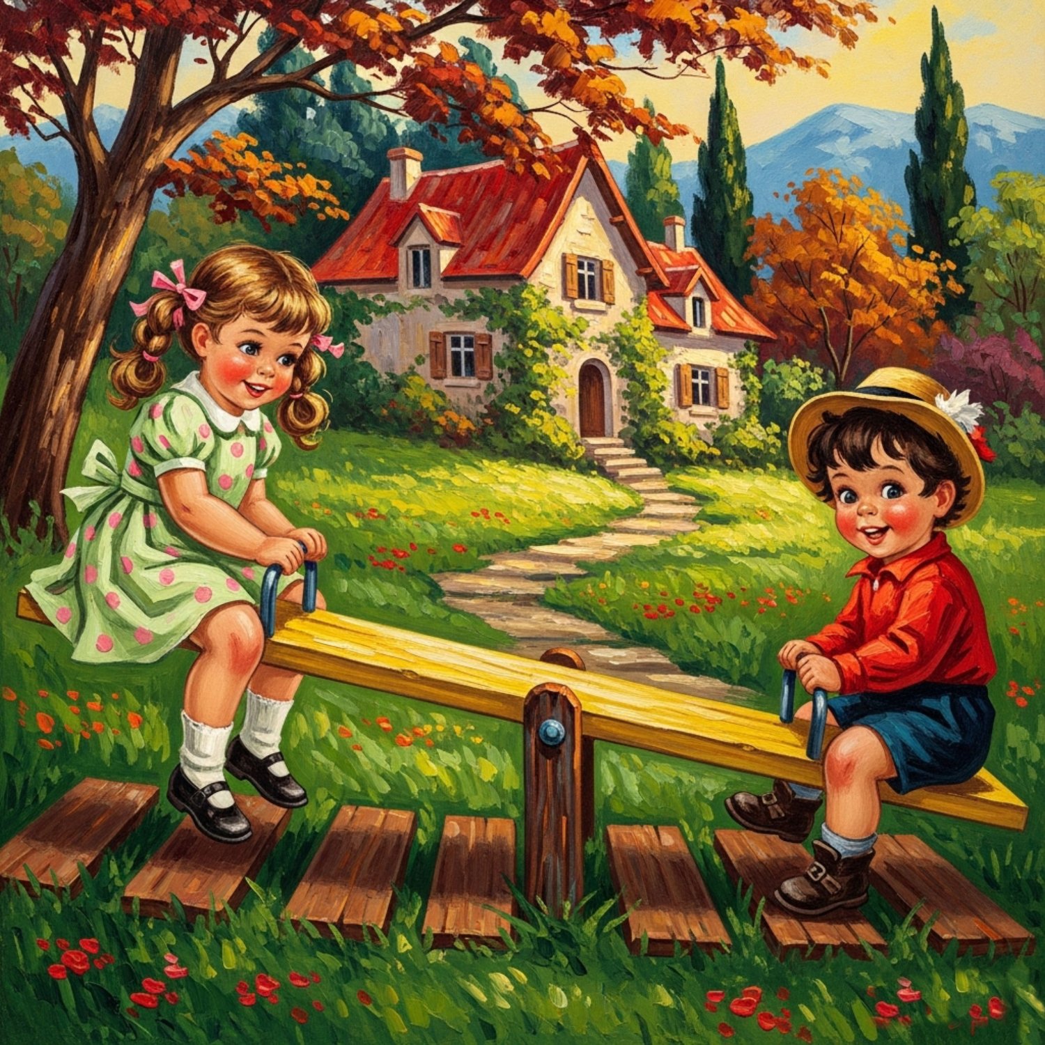 Solve Young Girl And Boy On Seesaw. From 9-600 Pieces. jigsaw puzzle online with 100 pieces
