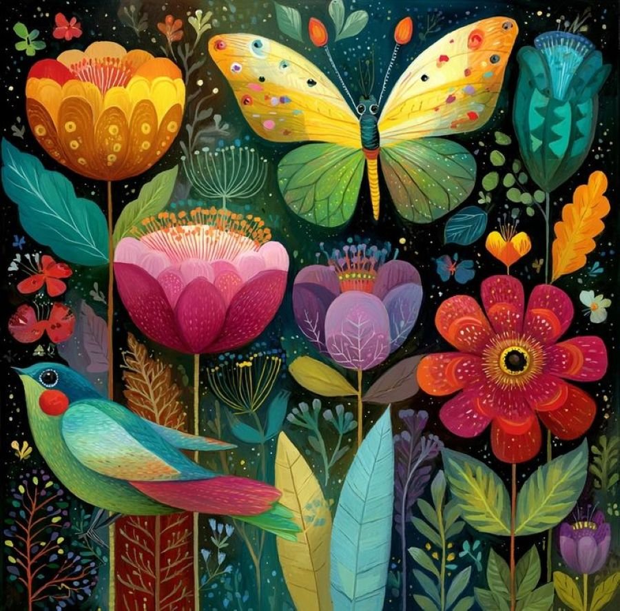 Solve Colorful flowers , Butterfly and bird * jigsaw puzzle online with ...