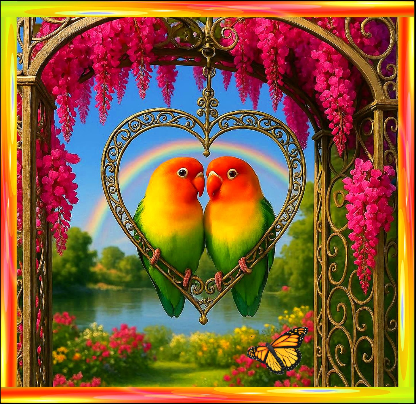 Solve AI Lovebirds In Pink Wisteria jigsaw puzzle online with 196 pieces