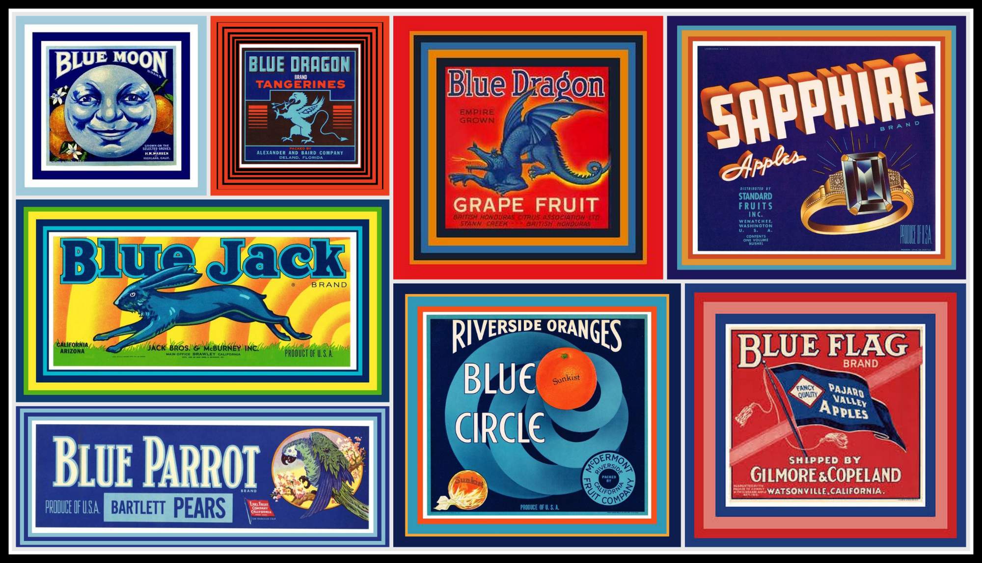 Solve Vintage Fruit Crate Labels "BLUE" jigsaw puzzle online with 209 ...