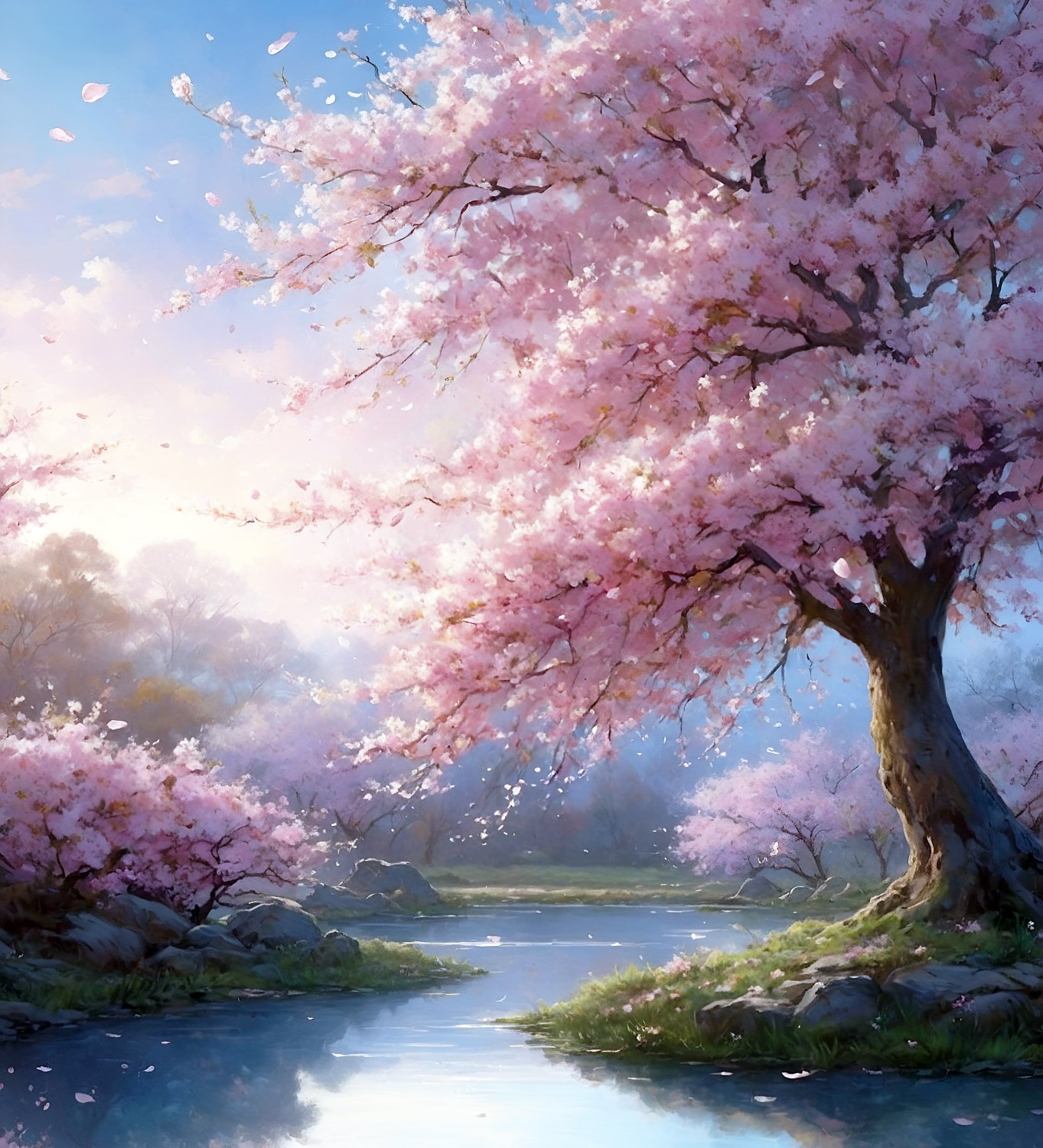 Solve A realistic landscape featuring an enormous cherry blossom tree ...