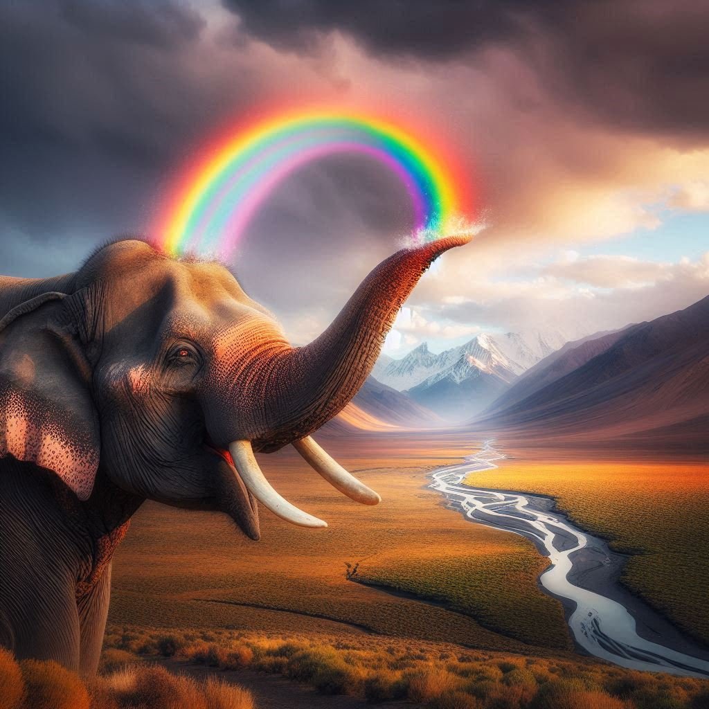 Solve Elephant and rainbow jigsaw puzzle online with 144 pieces