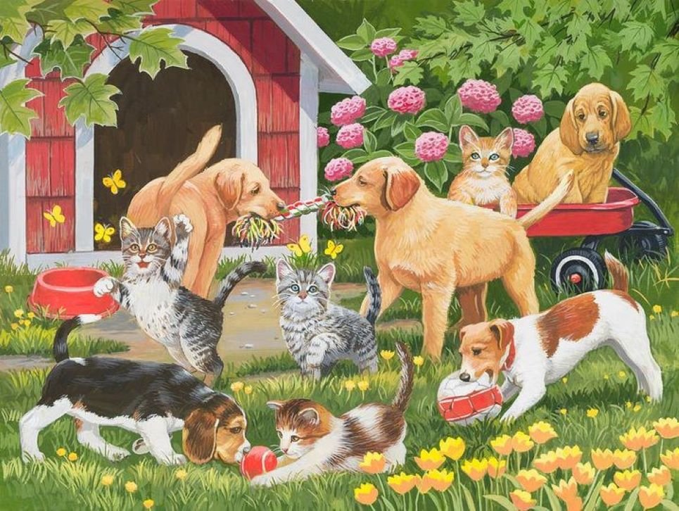 Solve Pets At Play jigsaw puzzle online with 154 pieces