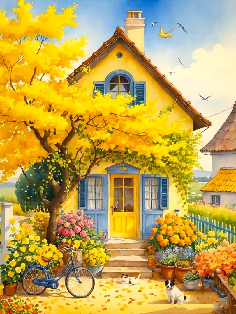 Solve Yellow House, Blue bike, One Cat and One Dog...... jigsaw puzzle online with 30 pieces