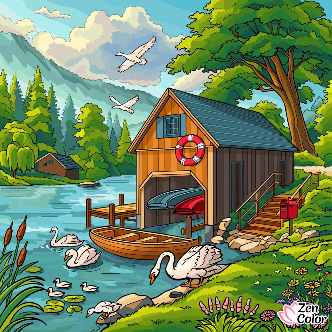 Solve PUZZLE - Swans By The Boathouse jigsaw puzzle online with 81 pieces