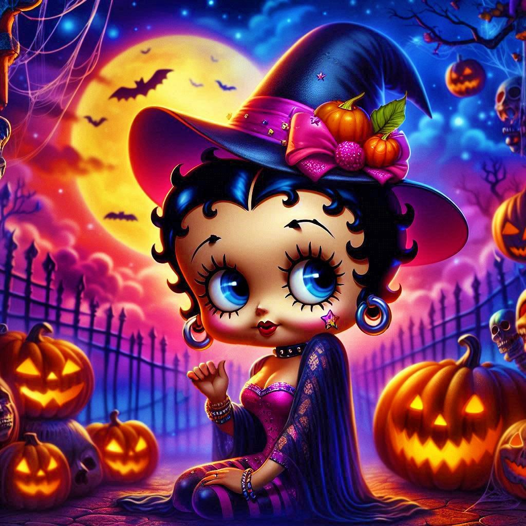 Solve Betty Boop as a witch on a spooky Halloween night jigsaw puzzle online with 64 pieces