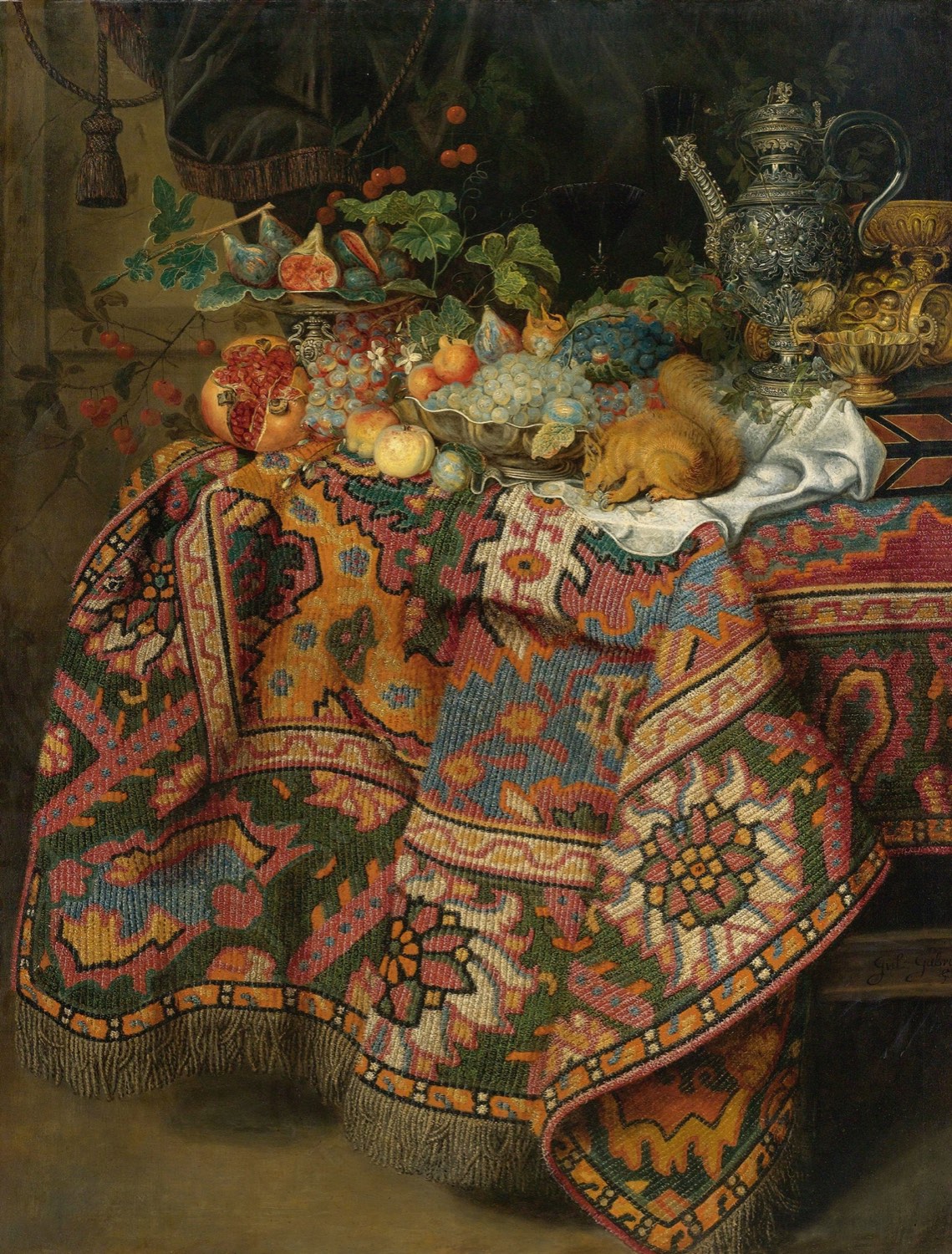 Solve Guiliam Gabron - A still life with fruit gold and silver vessels ...