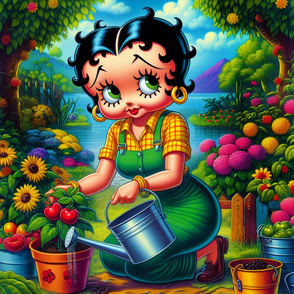 Solve Betty Boop working in her garden jigsaw puzzle online with 64 pieces