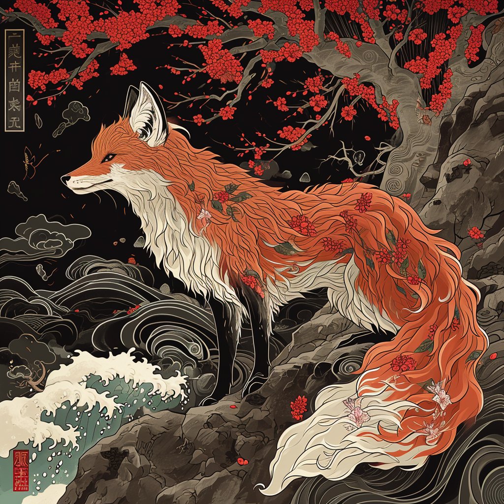 Solve kitsune fox Japanese ukiyo-e style jigsaw puzzle online with 196 ...