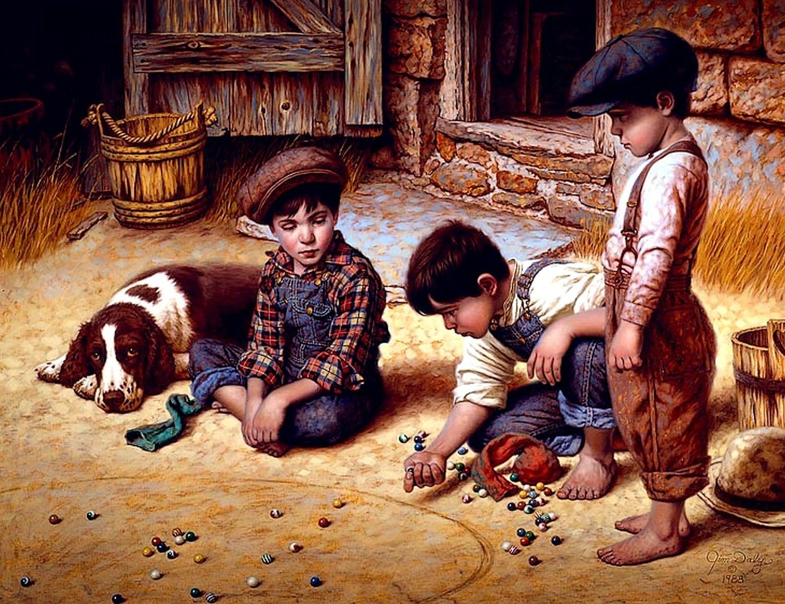 Solve Shooting Marbles by Jim Daly jigsaw puzzle online with 63 pieces