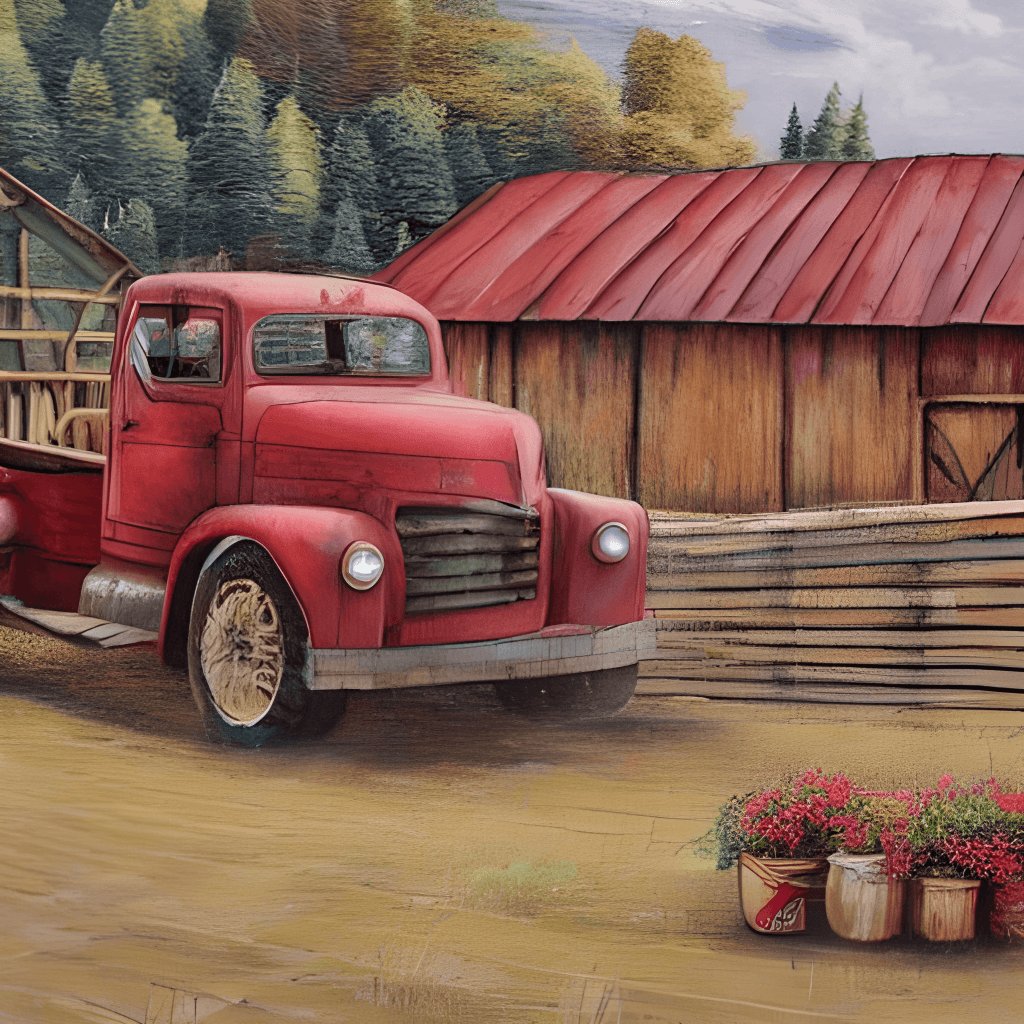 Solve Old Red Farm Truck, Big Barn, and Flowers for the Market jigsaw puzzle online with 64 pieces