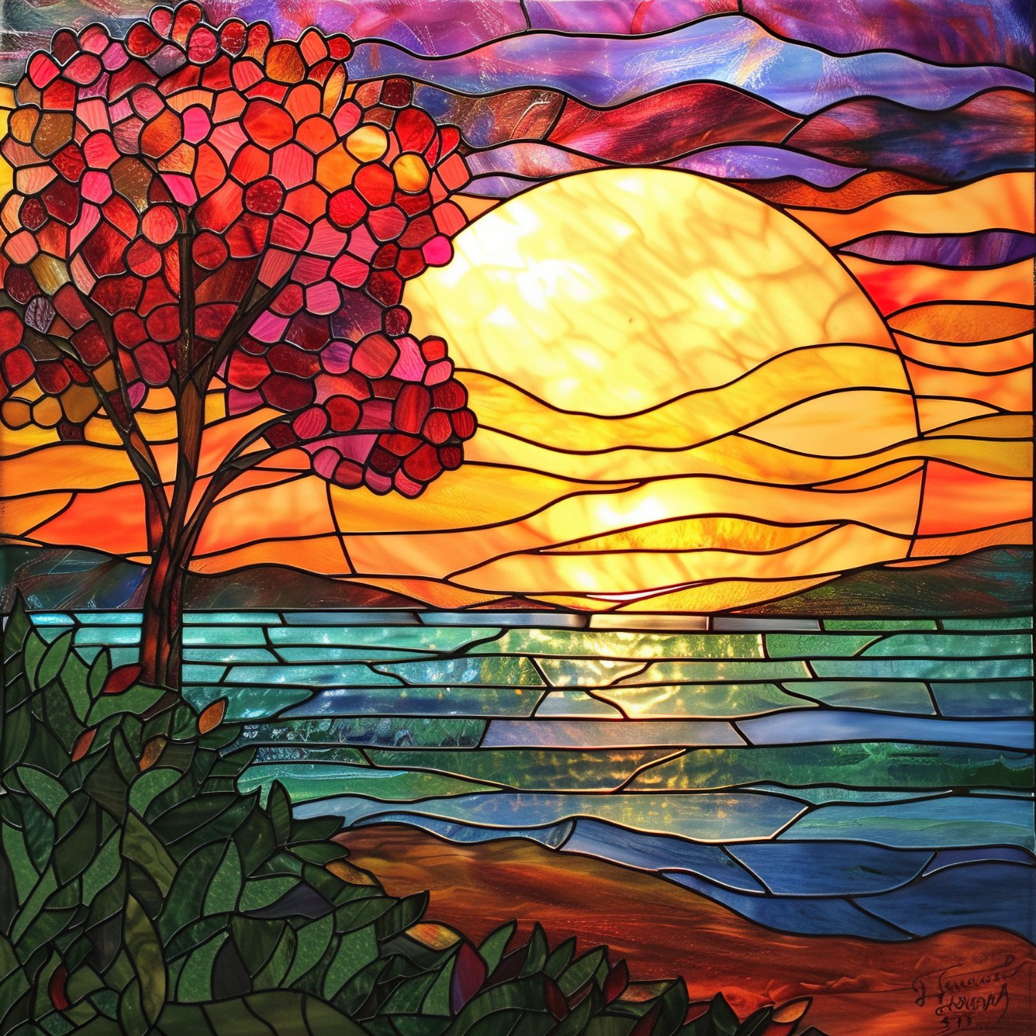 Jigsaw Puzzle | 100 pieces | Stained Glass Sunrise on Fall | Jigidi