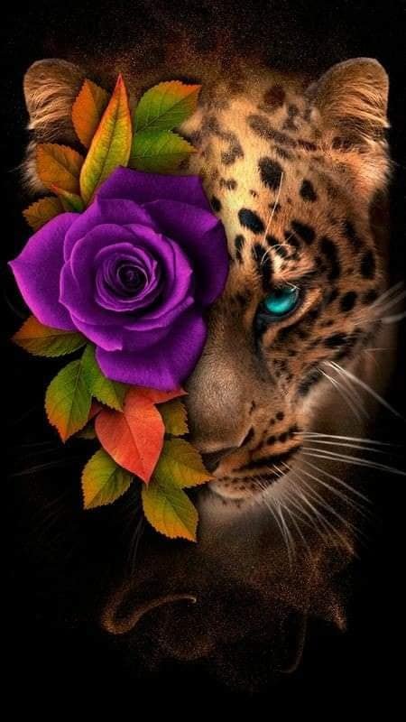 Solve Leopard with Rose jigsaw puzzle online with 66 pieces