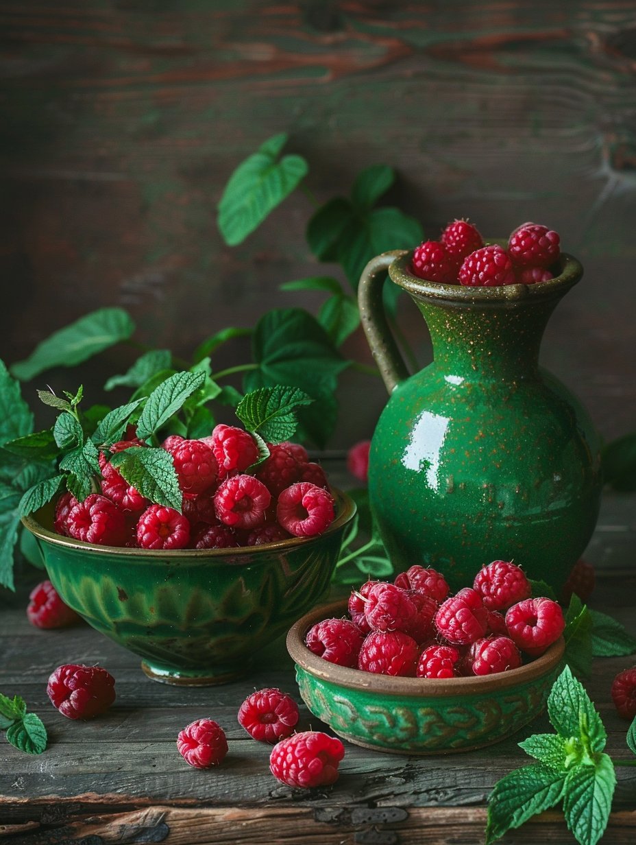 Solve still life with raspberries in a green ceramic vase and a bowl ...