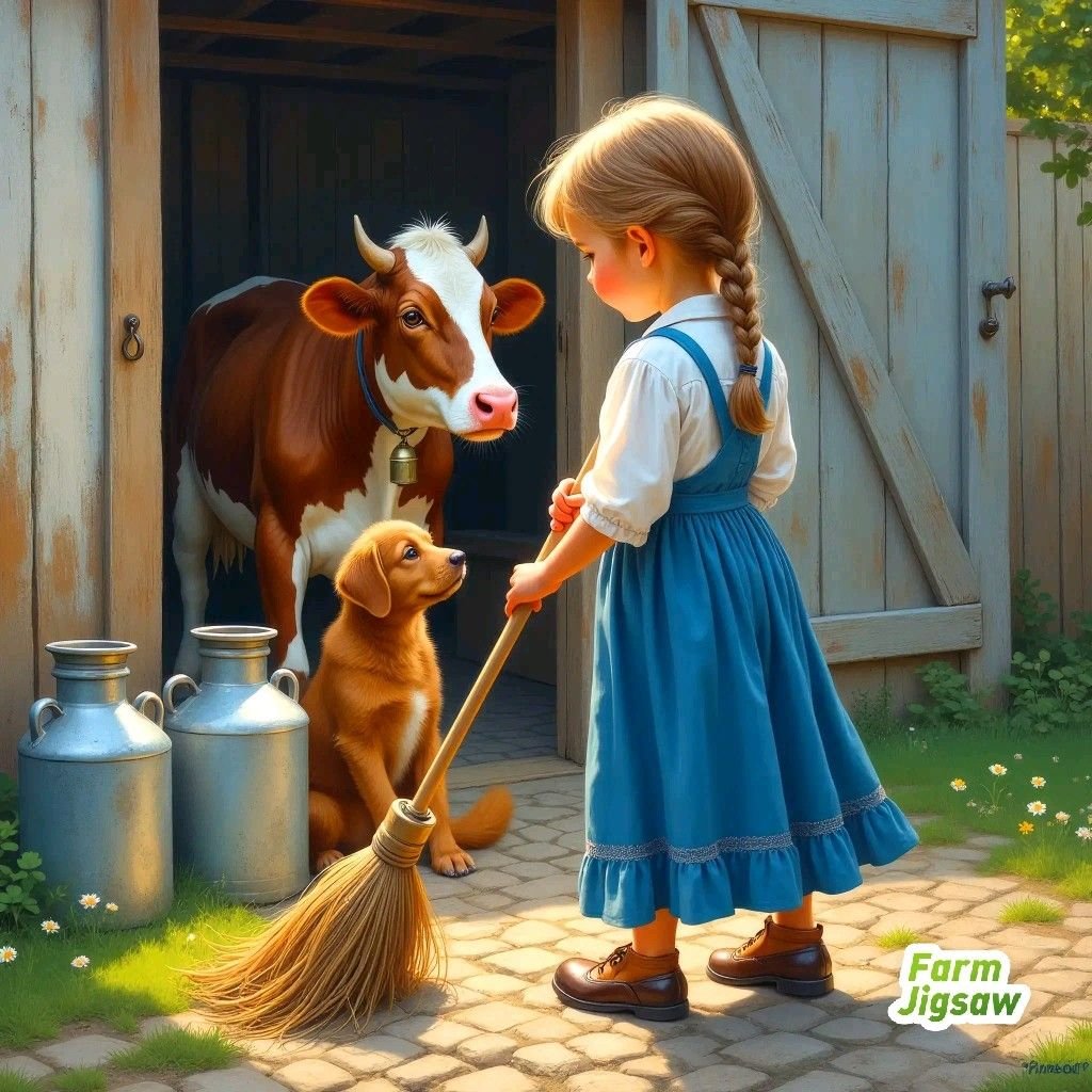 Solve PUZZLE - Little Girl Cleaning Up jigsaw puzzle online with 81 pieces