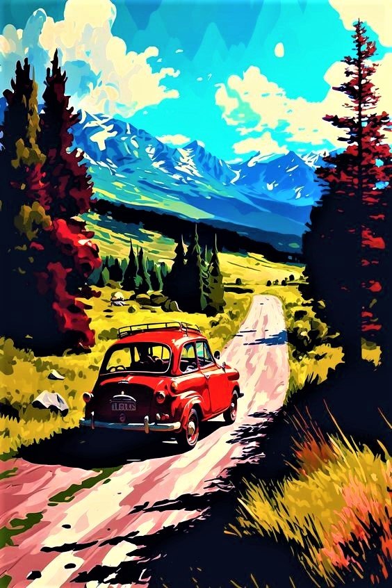 Solve Vintage Red Car Driving Towards Mountains jigsaw puzzle online ...