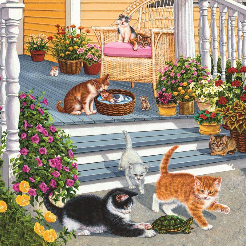 Solve Cats, Kittens, and a Turtle - art jigsaw puzzle online with 64 pieces