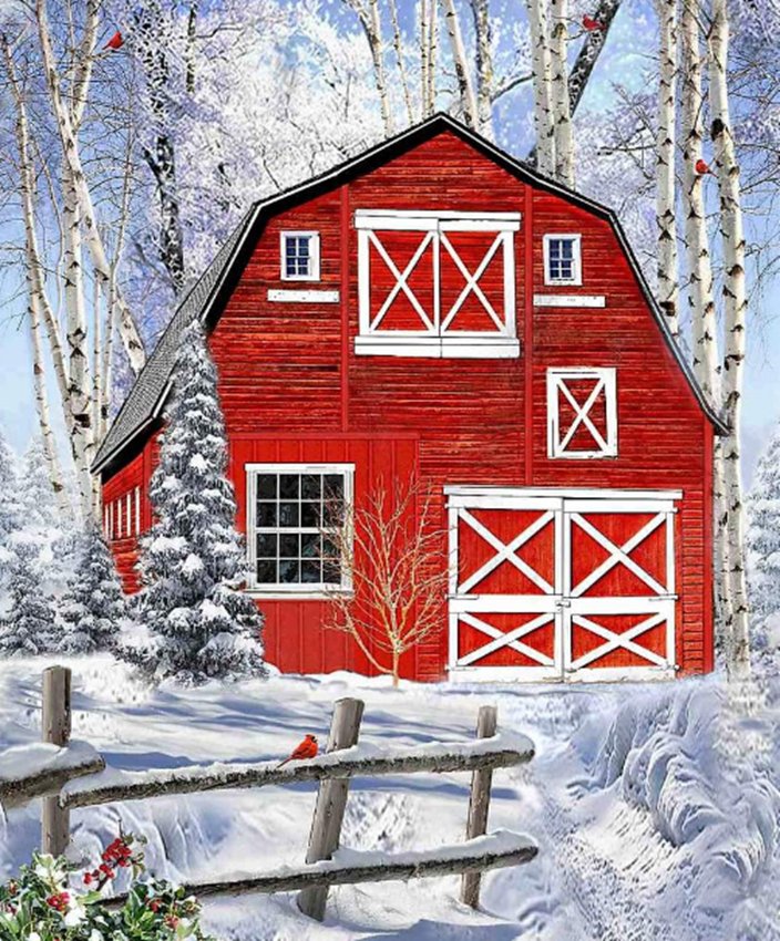 Jigsaw Puzzle | 120 pieces | Red Barn and Cardinals in Winter | Jigidi