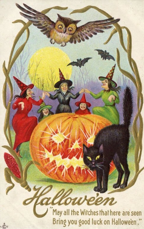 Solve Vintage Postcard - Halloween Dancing Witches jigsaw puzzle online ...