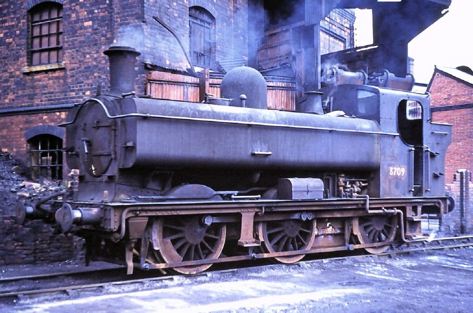 Solve GWR 57xx Class 0-6-0PT 3709 at Croes Newydd shed in 1966, less ...