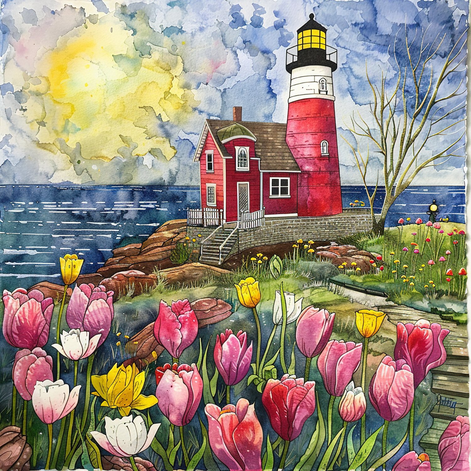 Solve Watercolor Lighthouse jigsaw puzzle online with 100 pieces